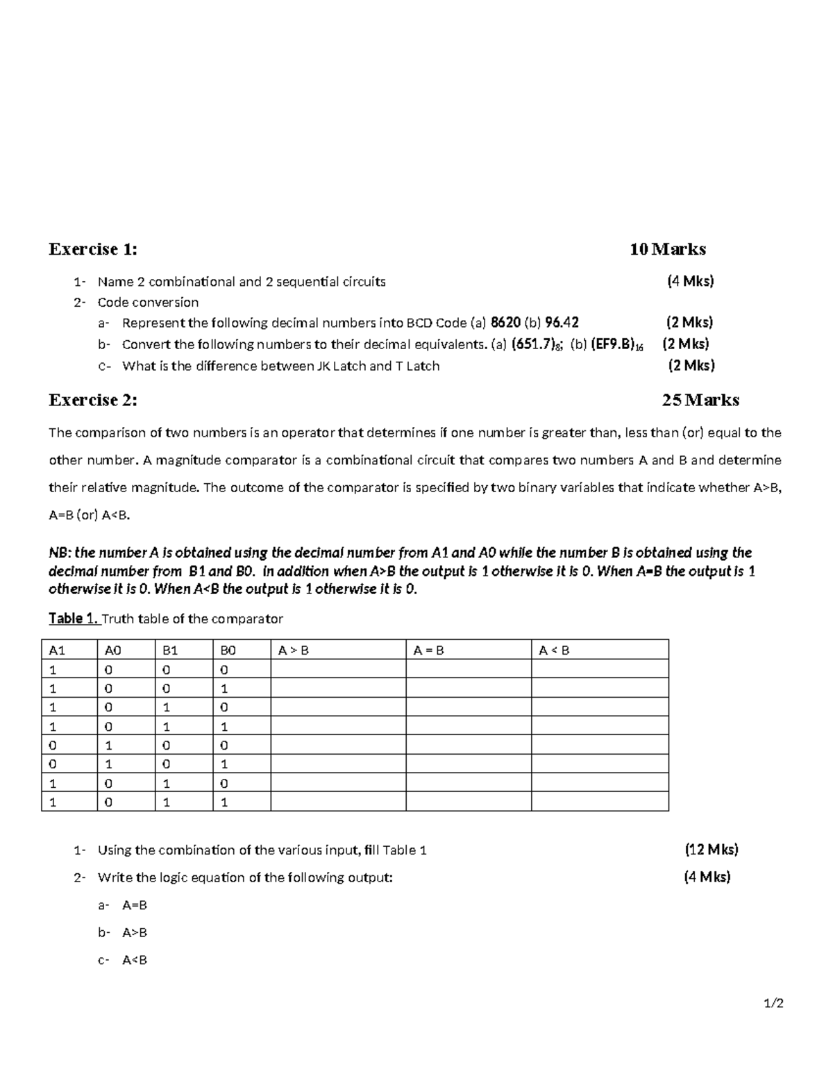 EEC331 Exams - tutorial for digital electronics - Exercise 1: 10 Marks ...
