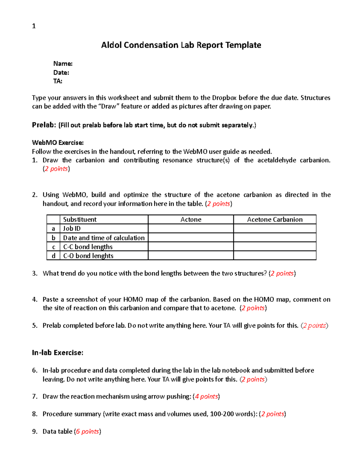222-2114 Aldol condensation lab report Template - 1 Aldol Condensation ...