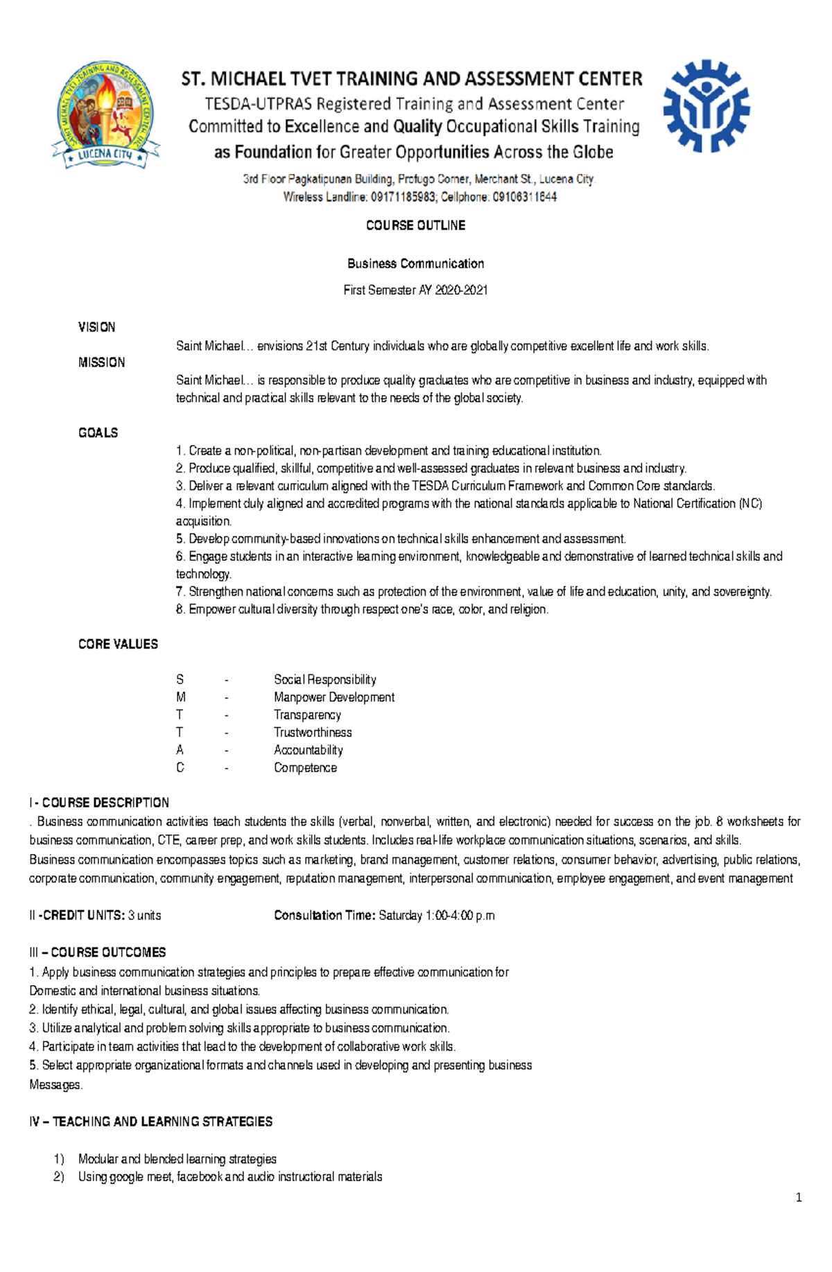 Business Communication - COURSE OUTLINE Business Communication First ...