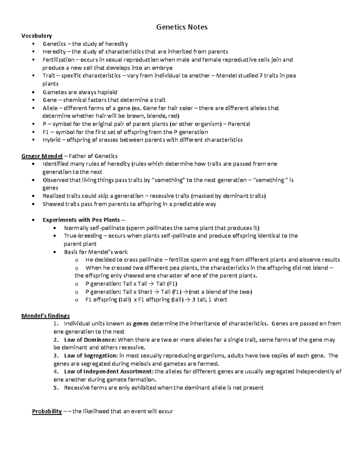 Genetics Notes - Genetics Notes Vocabulary Genetics – the study of ...