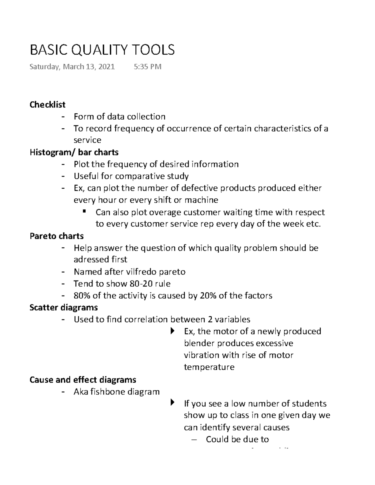 Basic Quality Tools - textbook + class notes lecture 5 - Checklist ...
