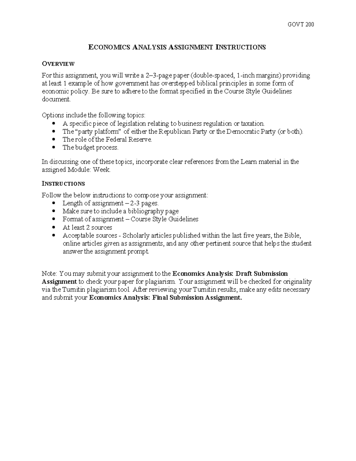 Economics Analysis Assignment Instructions - GOVT 200 ECONOMICS ...
