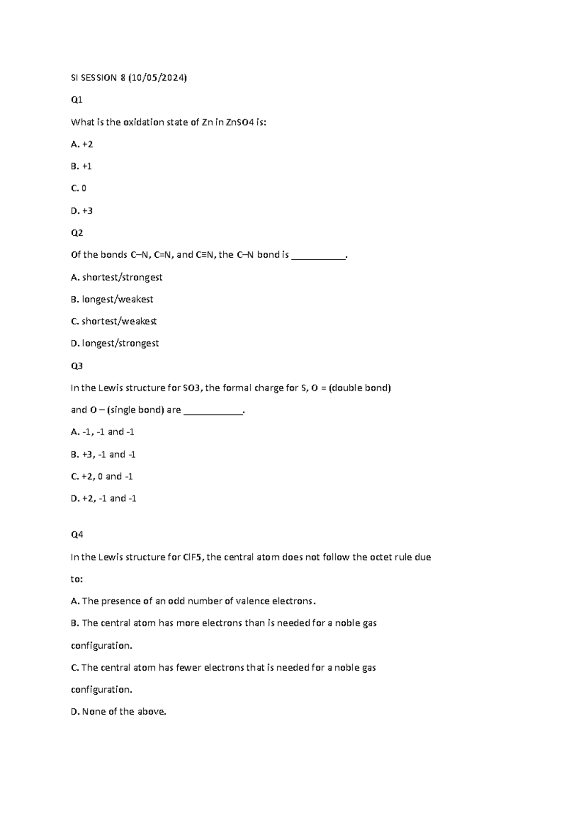 SI Session 8 (10 - APPLIED - SI SESSION 8 ( 10 /0 5 /2024) Q 1 What is ...