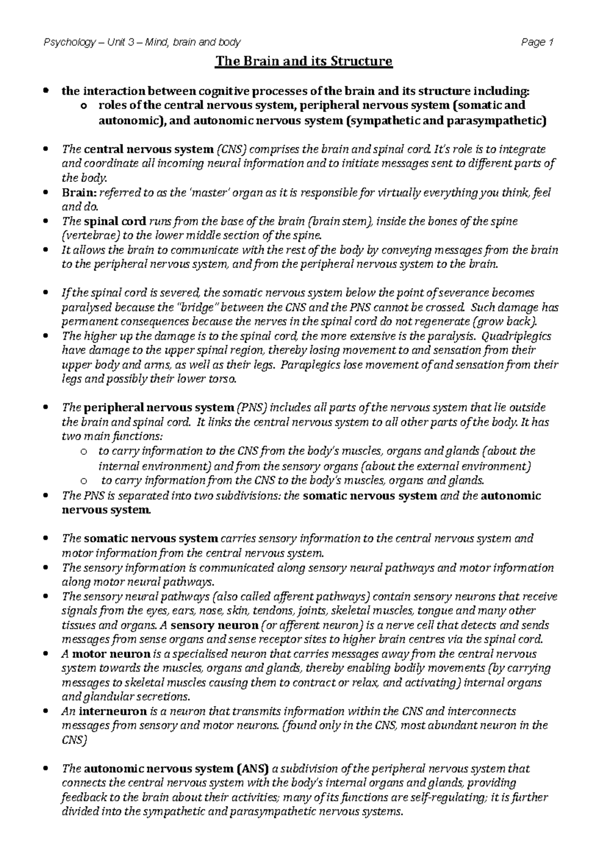 PSY - The Brain and its Structure Topic Notes - The Brain and its ...