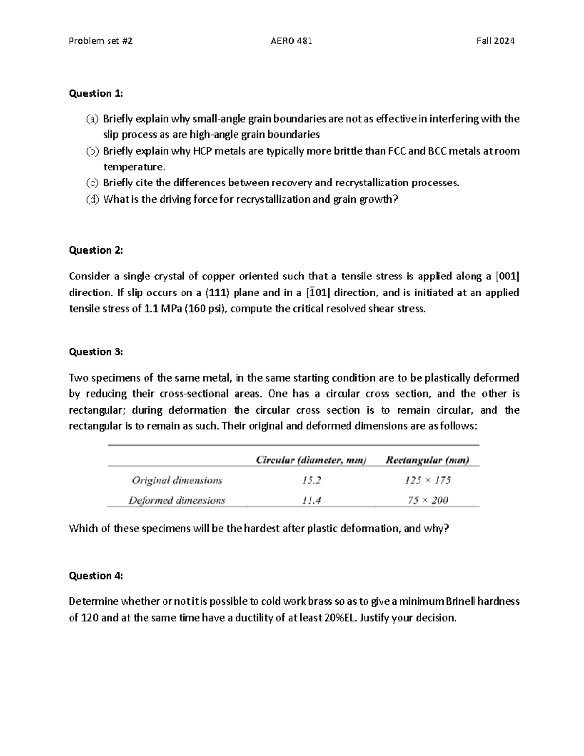 Assignment 2: Problem Set 2 - Problem set #2 AERO 481 Fall 2024 Question 1: (a) Briefly explain ...