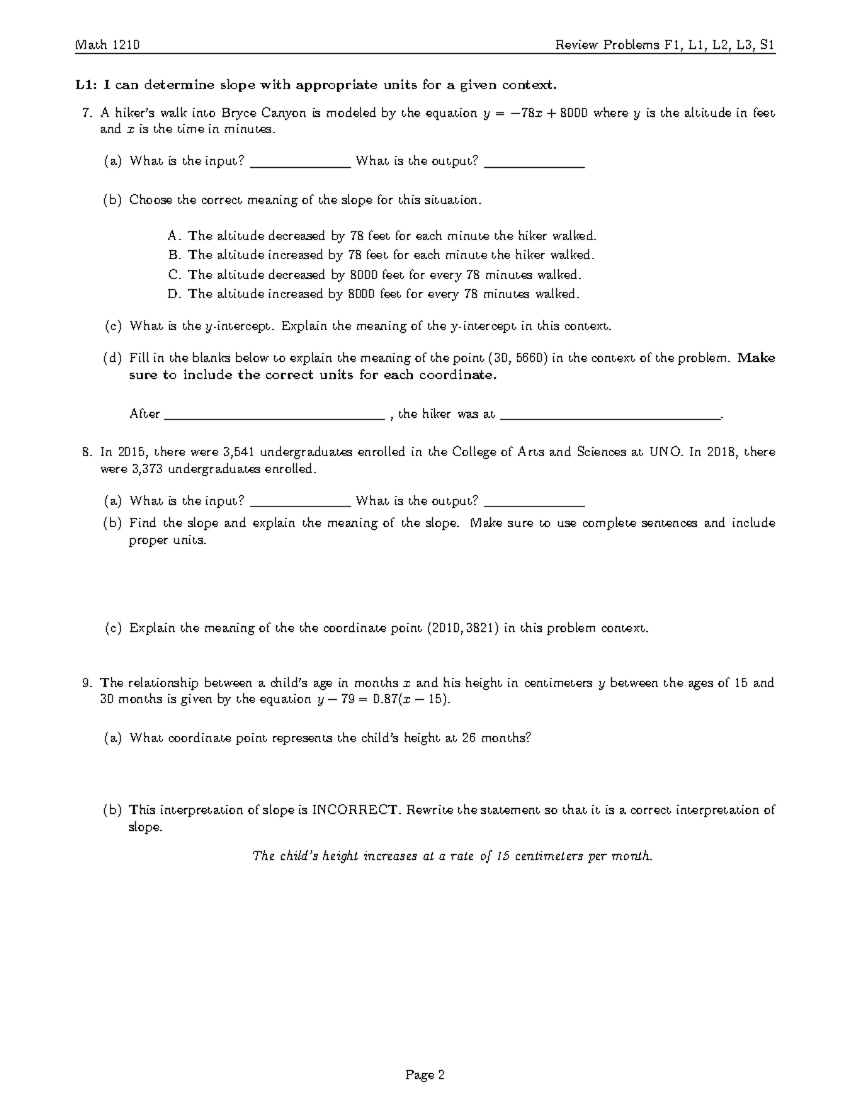 Review LC5 - 2 - Algebra Practice. - Math 1210 Review Problems F1, L1 ...