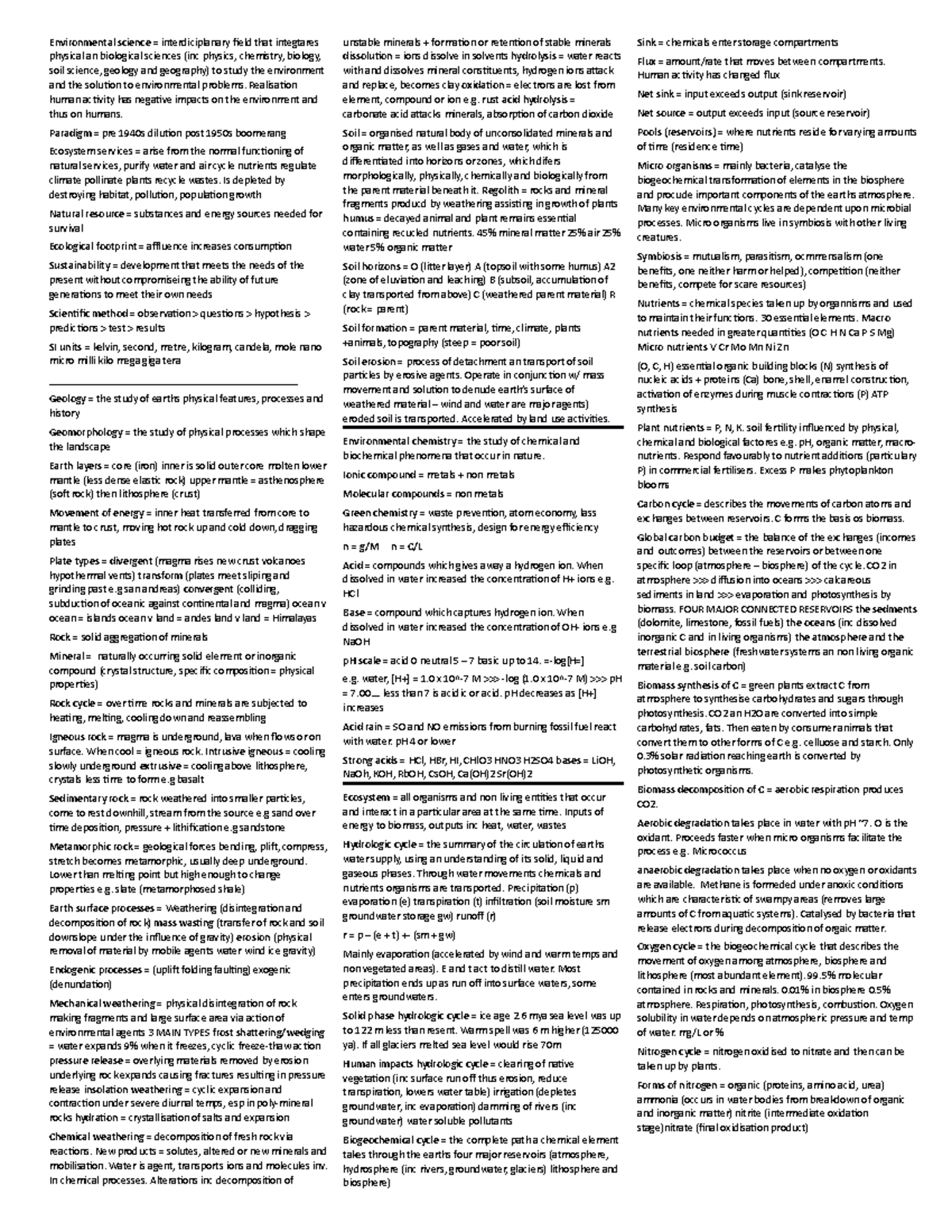 Envs1001 cheat sheet - Environmental science = interdiciplanary field ...