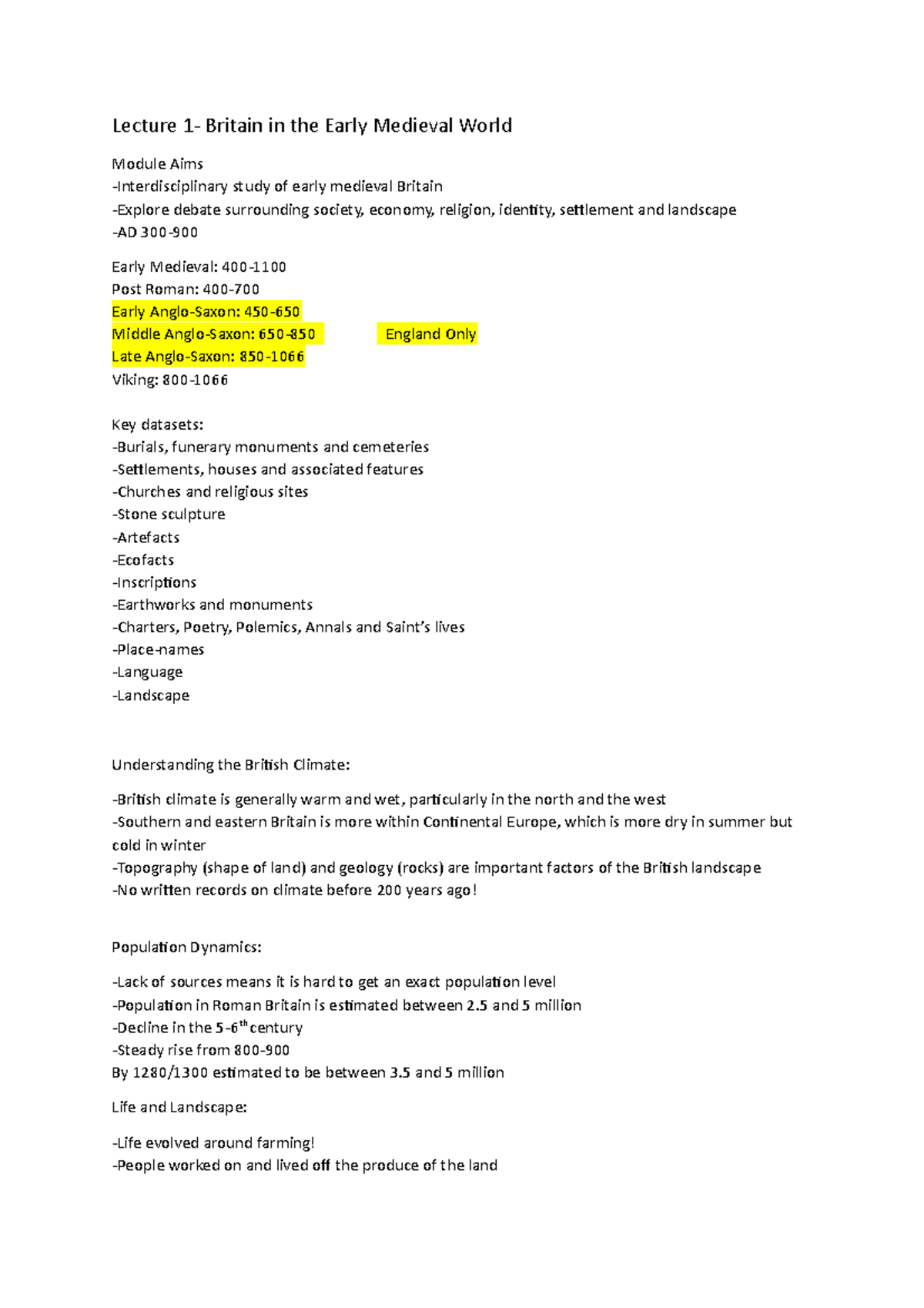 Lecture 1 Full Notes - Lecture Britain in the Early Medieval World ...