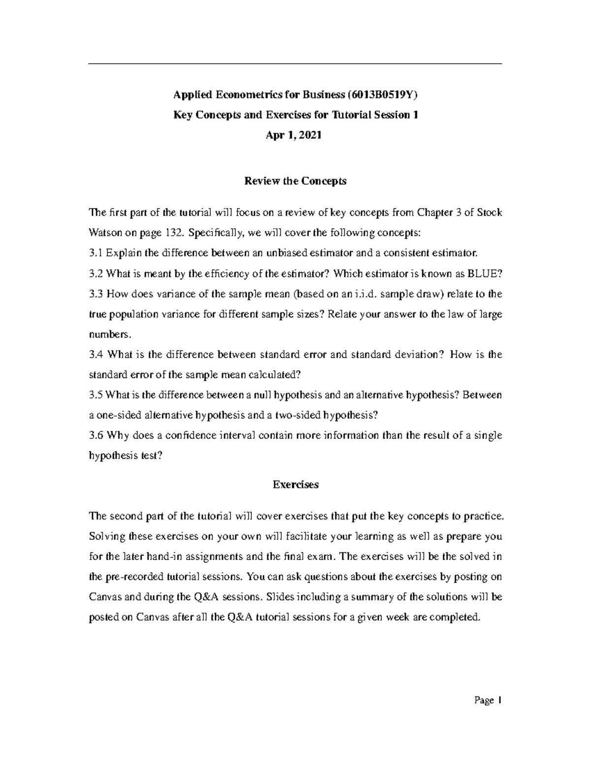 Tutorial 1 Concepts&Exercises - Applied Econometrics for Business (6013B0519Y) Key Concepts and ...