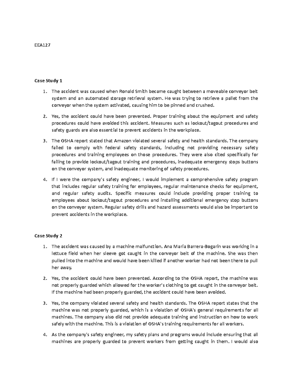 OLA1 - Assessment - EEA Case Study 1 The accident was caused when Ronald Smith became caught ...