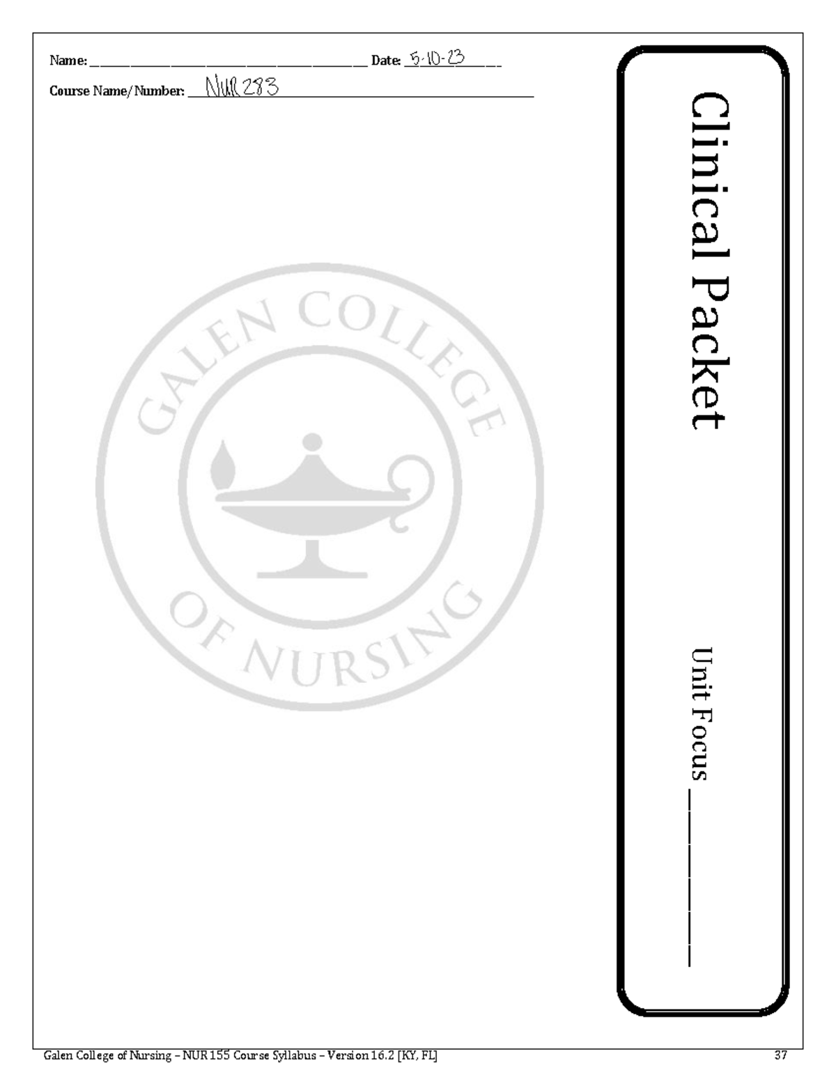 Clinical Packet #3 NUR283 - Name