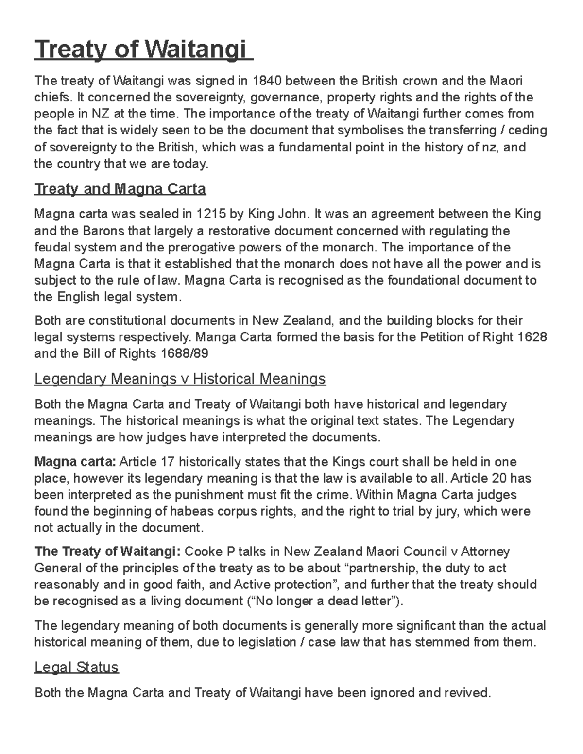 Legal History Cheat Sheet - Treaty of Waitangi The treaty of Waitangi ...