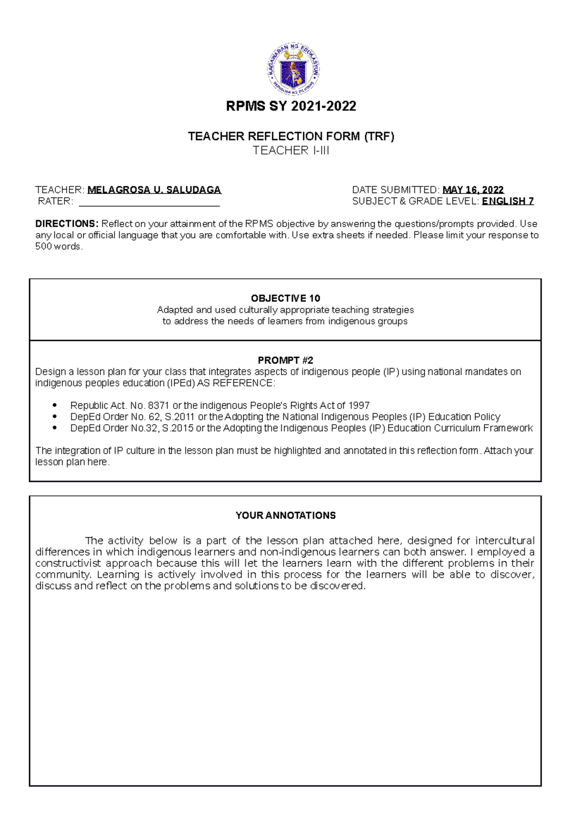 TRF CO1 - Something to read. - RPMS SY 2021- TEACHER REFLECTION FORM ...