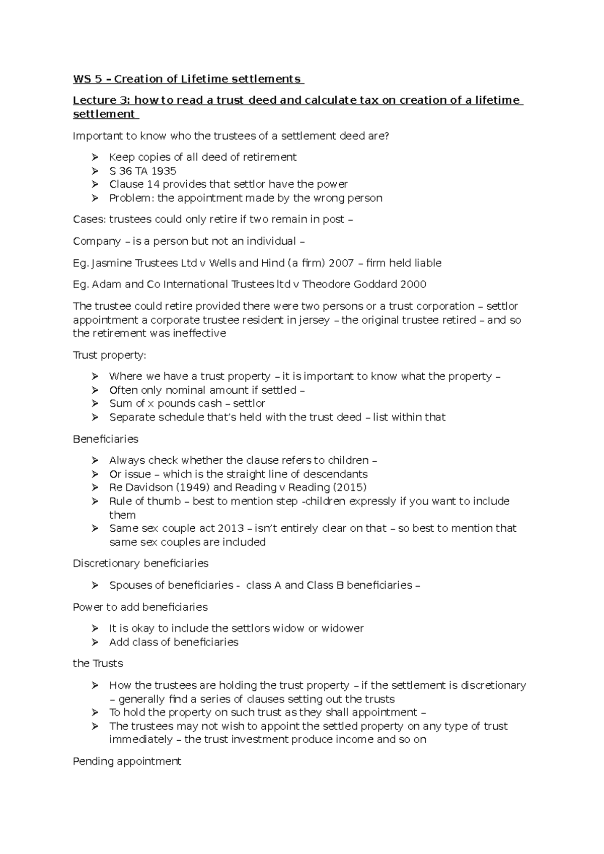 PCLP - WS 5 - Notes (print) - WS 5 – Creation of Lifetime settlements ...