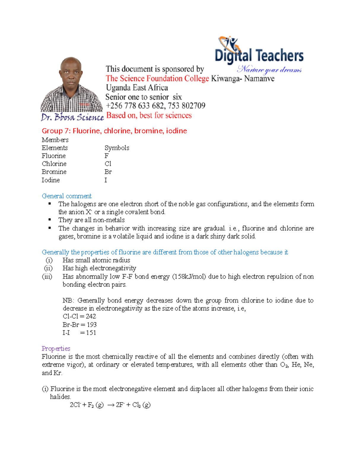 Group 7 - Summary Chemistry - Group 7: Fluorine, chlorine, bromine ...