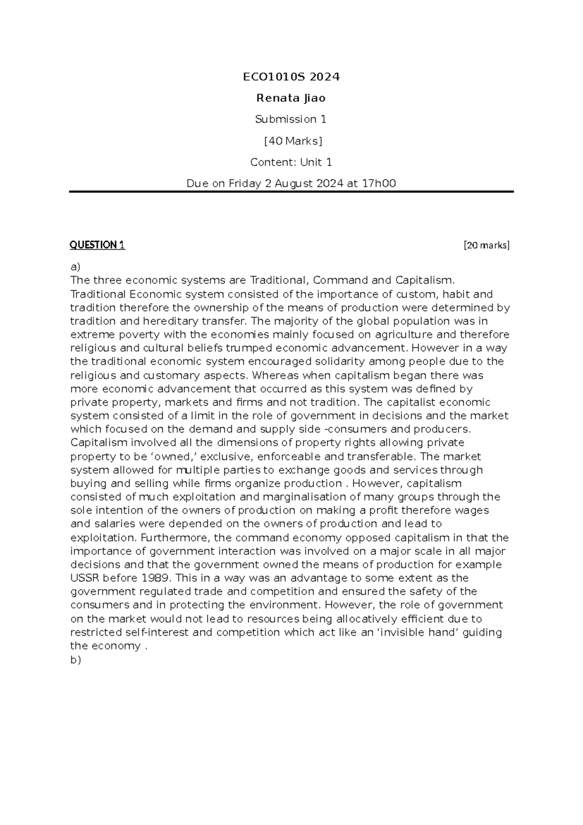 ECO1010S TUT 1 - tut - ECO1010S 2024 Renata Jiao Submission 1 [40 Marks ...