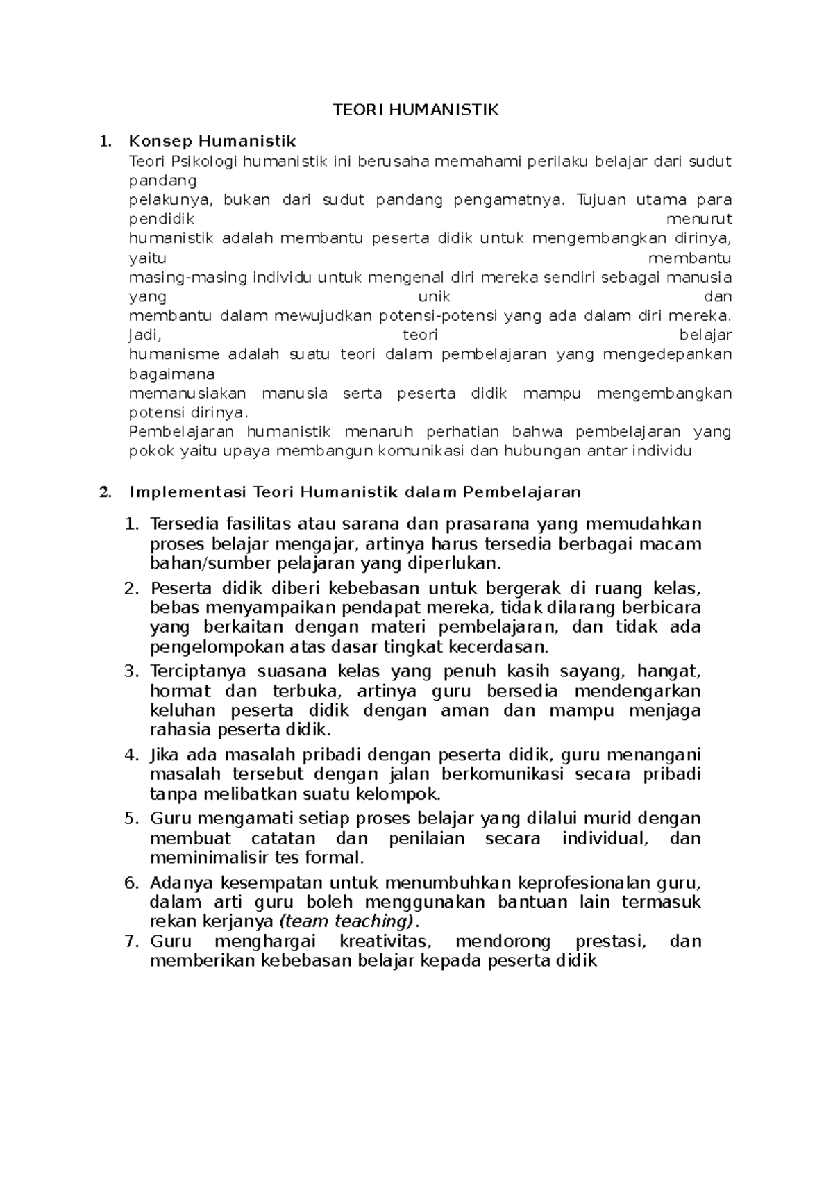 Teori Humanistik - TEORI HUMANISTIK 1. Konsep Humanistik Teori ...