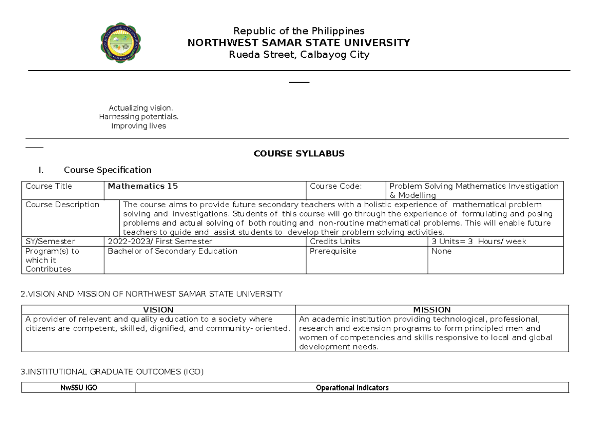 Syllabus-MATH-15 - math - NORTHWEST SAMAR STATE UNIVERSITY Rueda Street ...