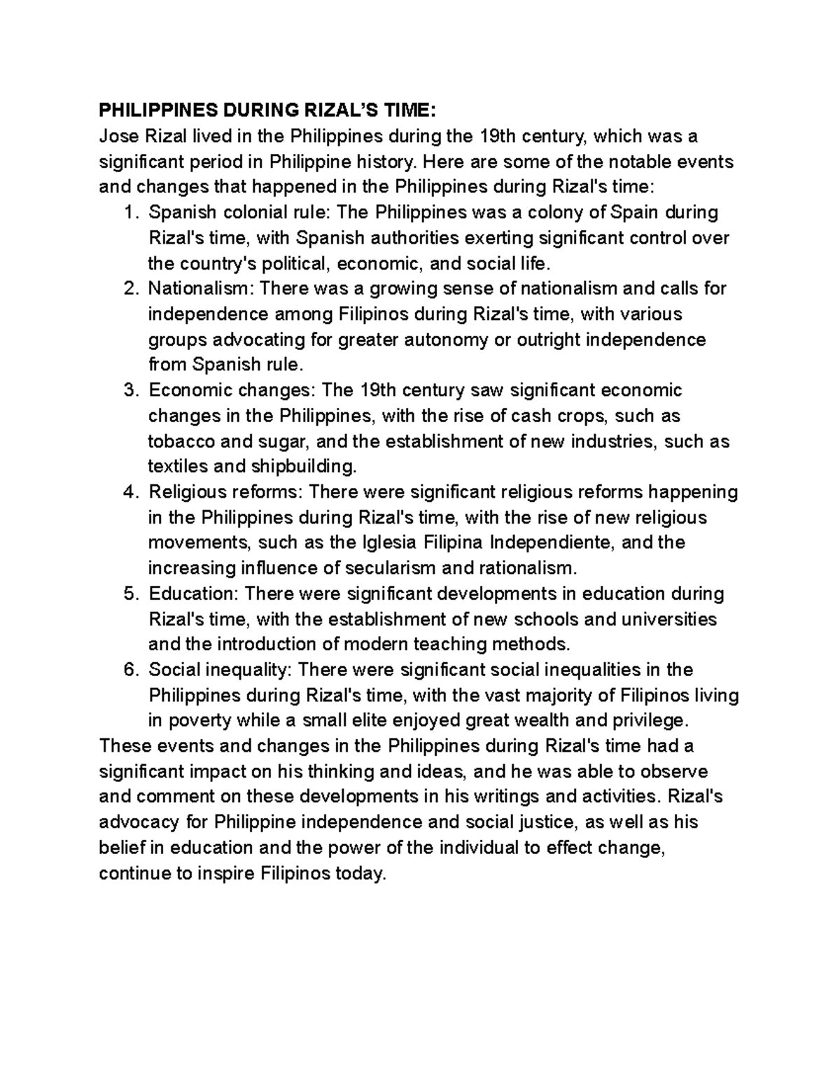 Rizal-notes - notes - PHILIPPINES DURING RIZAL’S TIME: Jose Rizal lived ...