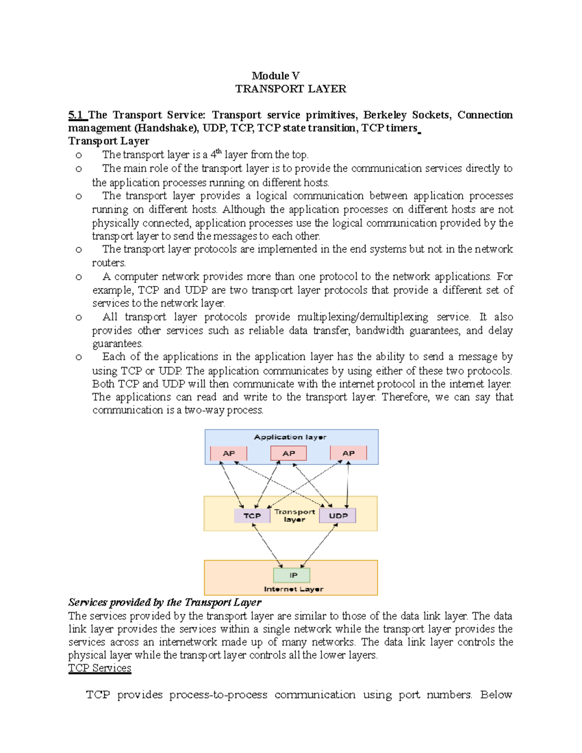 Module V Transport Layer Module V Transport Layer 5 The Transport Service Transport Service