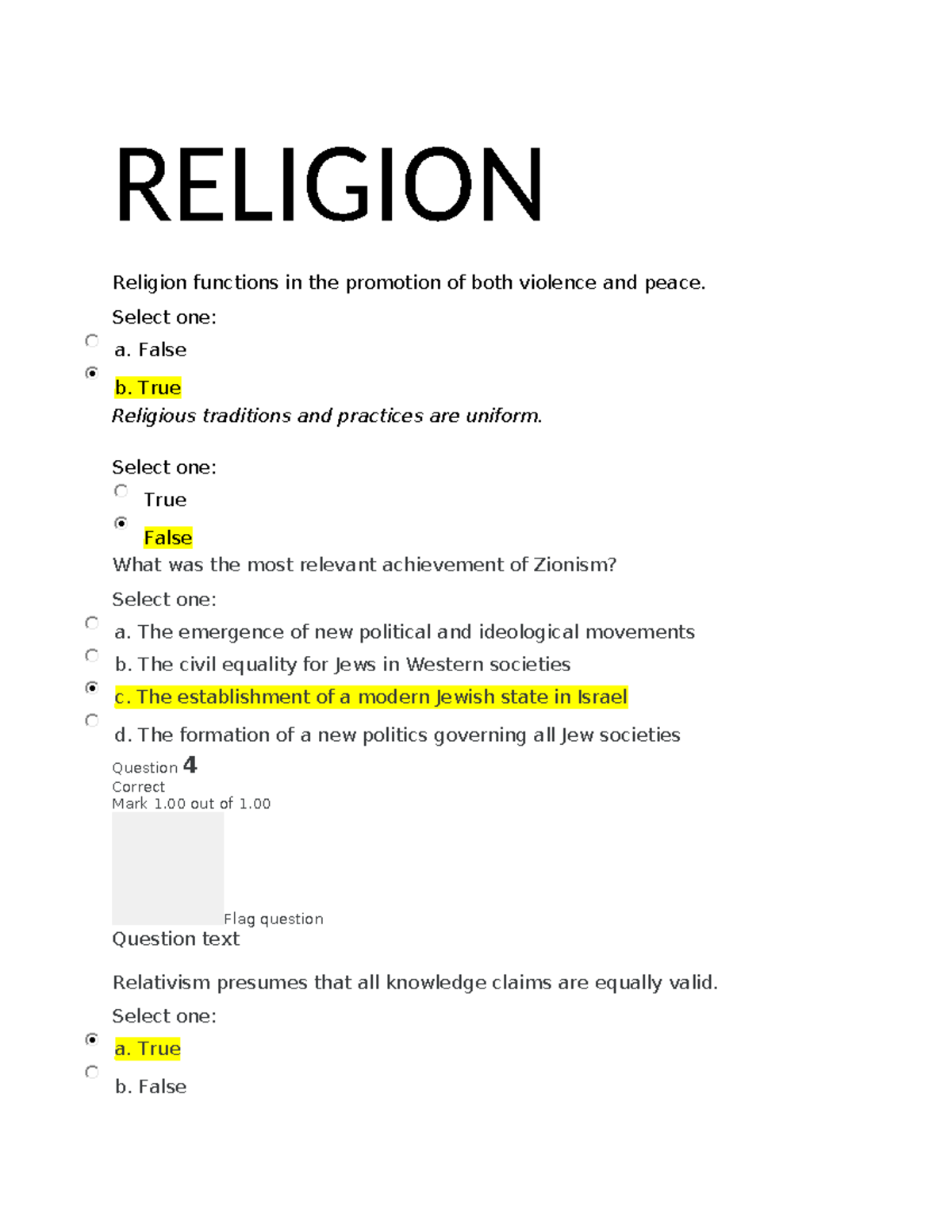 Religion - RELIGION Religion functions in the promotion of both violence and peace. Select one ...