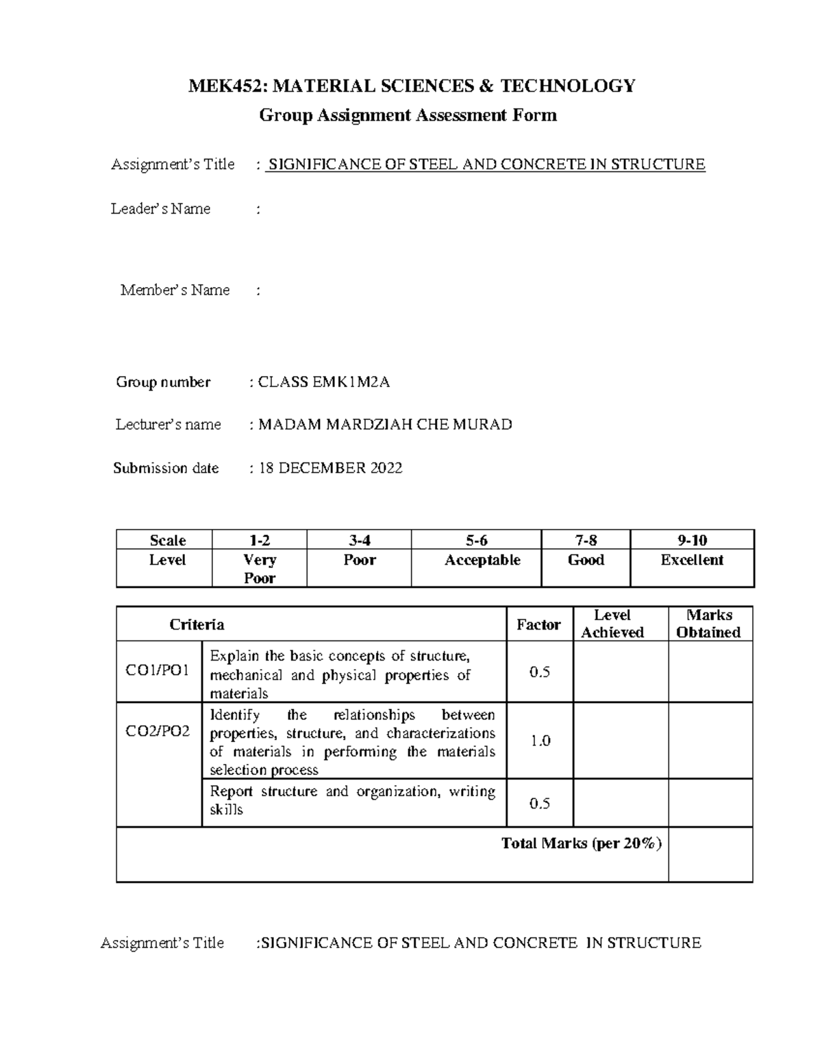 Material assignment (Steel) - MEK452: MATERIAL SCIENCES & TECHNOLOGY ...