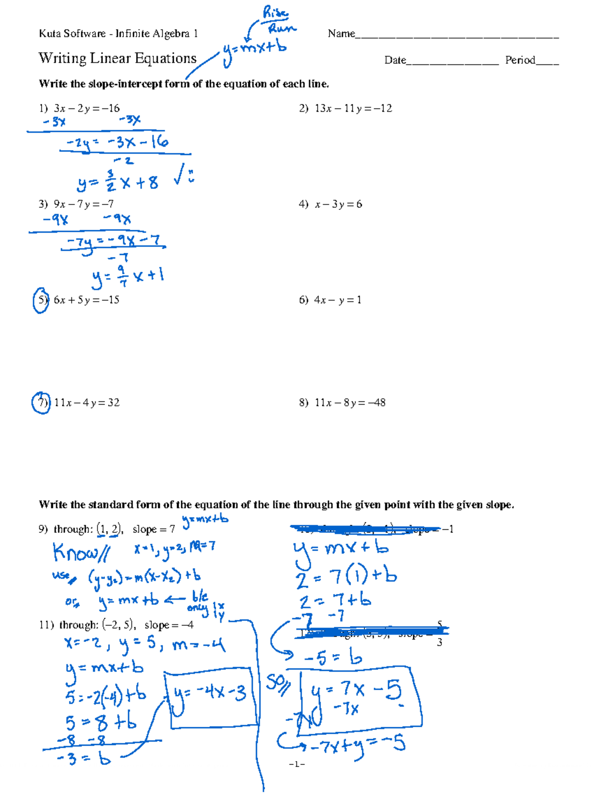 Writing Linear Equations - ©H c 29011 J 24 yKXuAtUal dS 9 oef 1 t 4 w 5 ...