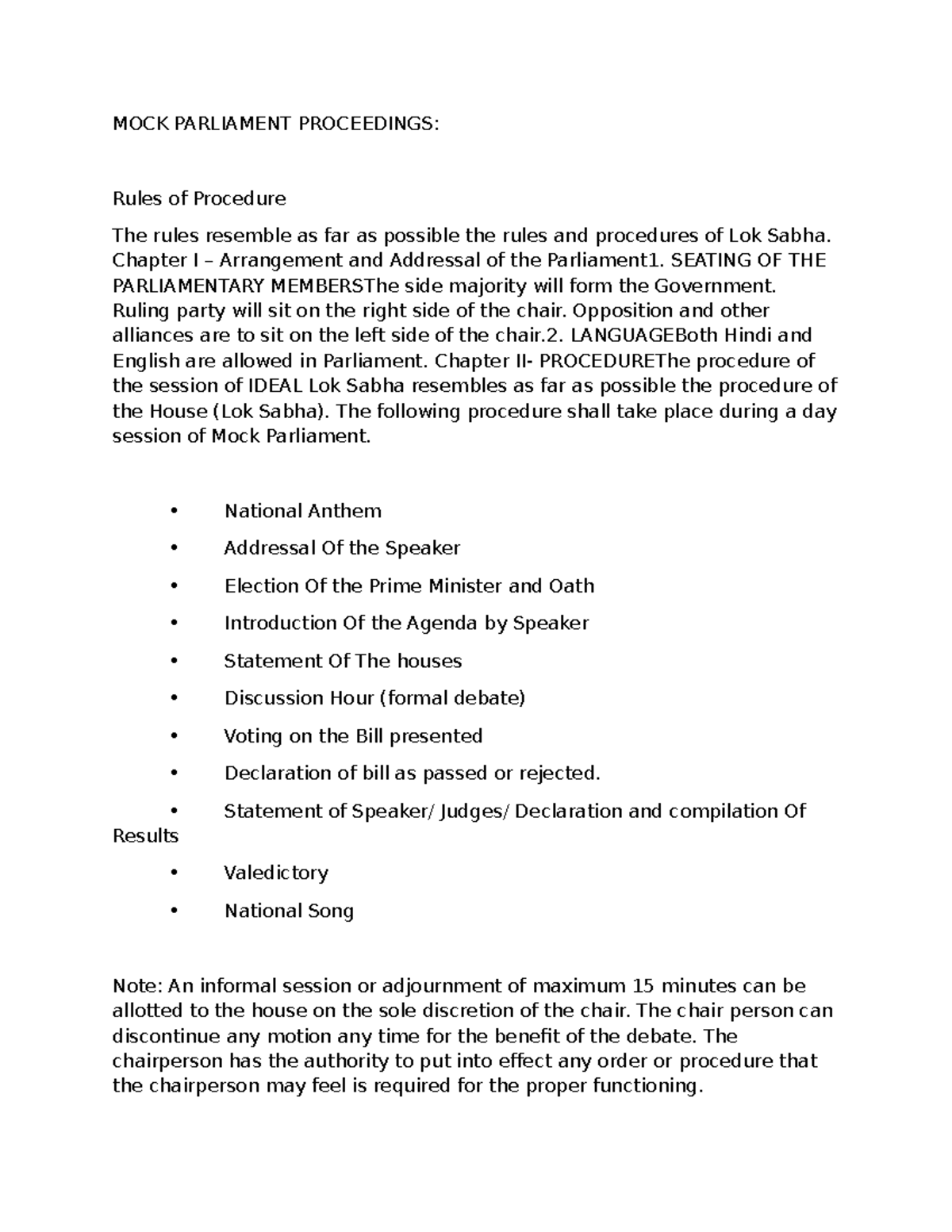 MOCK Parliament Proceedings - MOCK PARLIAMENT PROCEEDINGS: Rules of ...