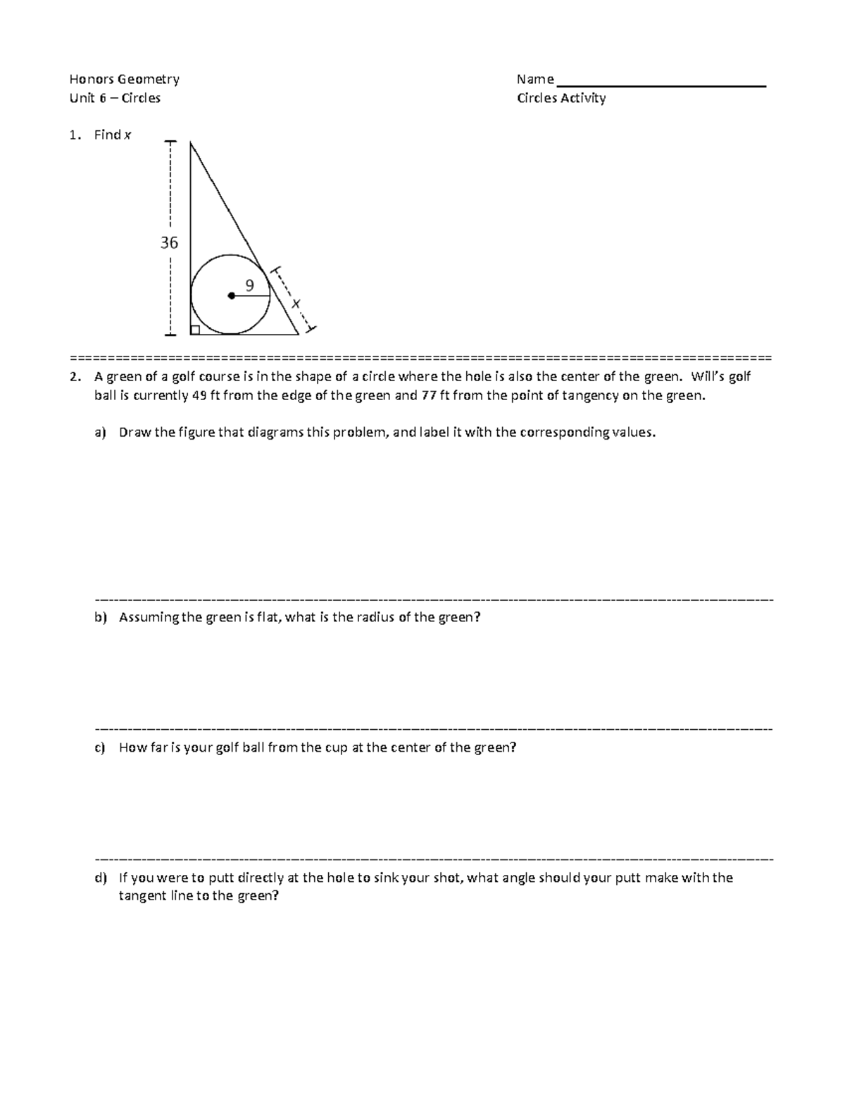 WS - Circles Activity - Honors Geometry Unit 6 – Circles NameCircles ...