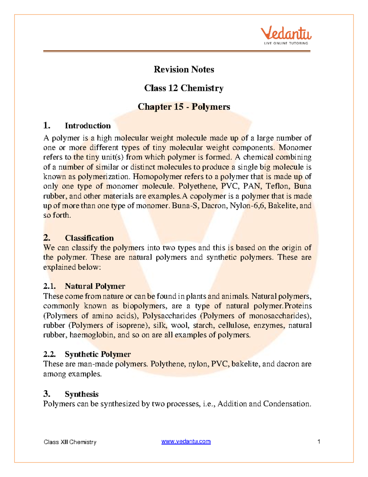 Chemistry Revision Notes Polymers - Revision Notes Class 12 Chemistry ...