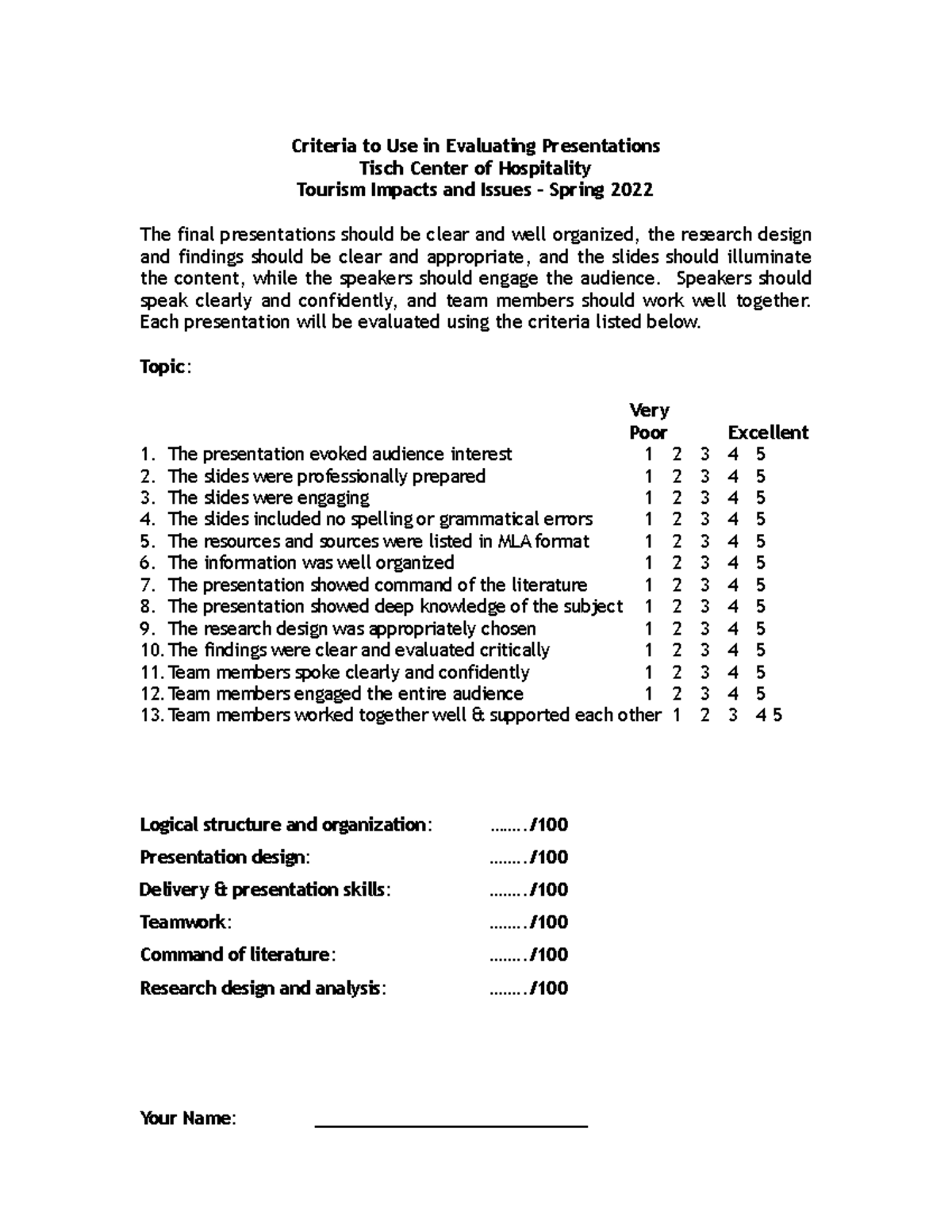 Group Evaluation Form 2024 - Criteria to Use in Evaluating Presentations Tisch Center of ...