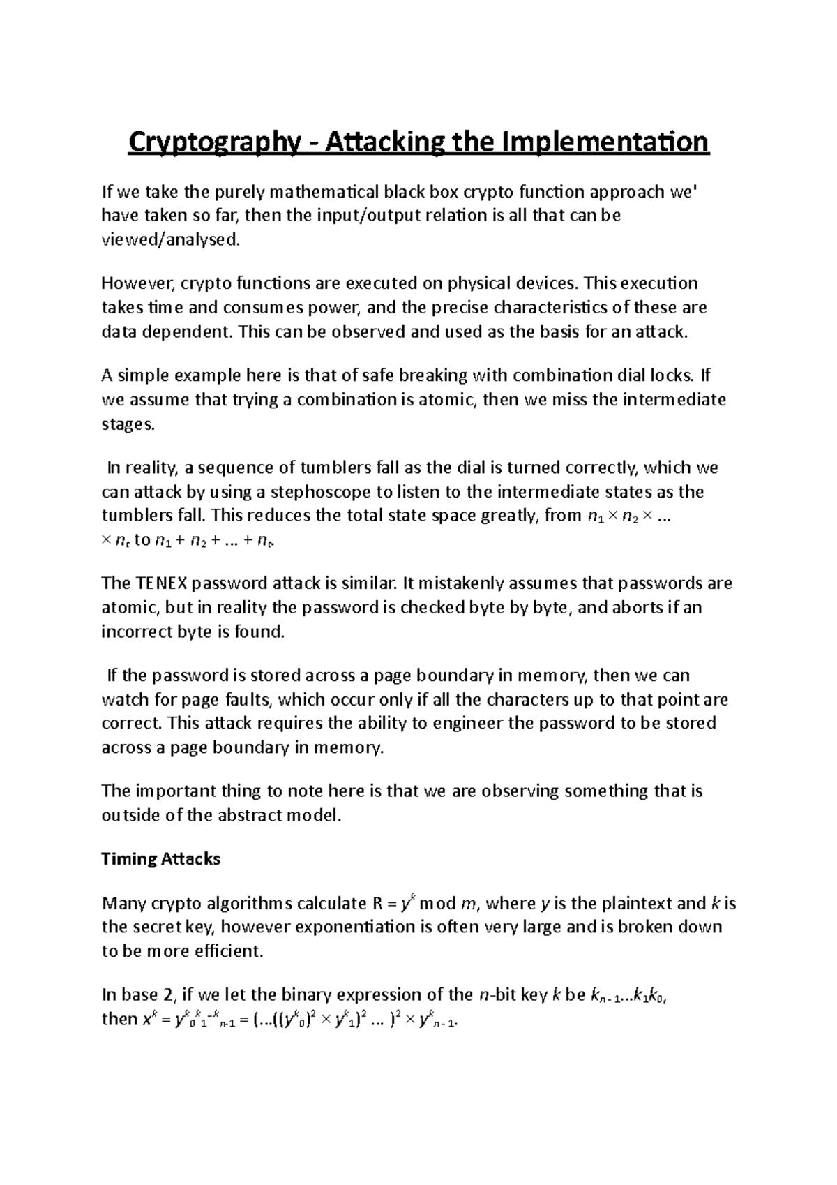 Cryptography - Attacking the Implementation - comp 1094 - GRE - Studocu