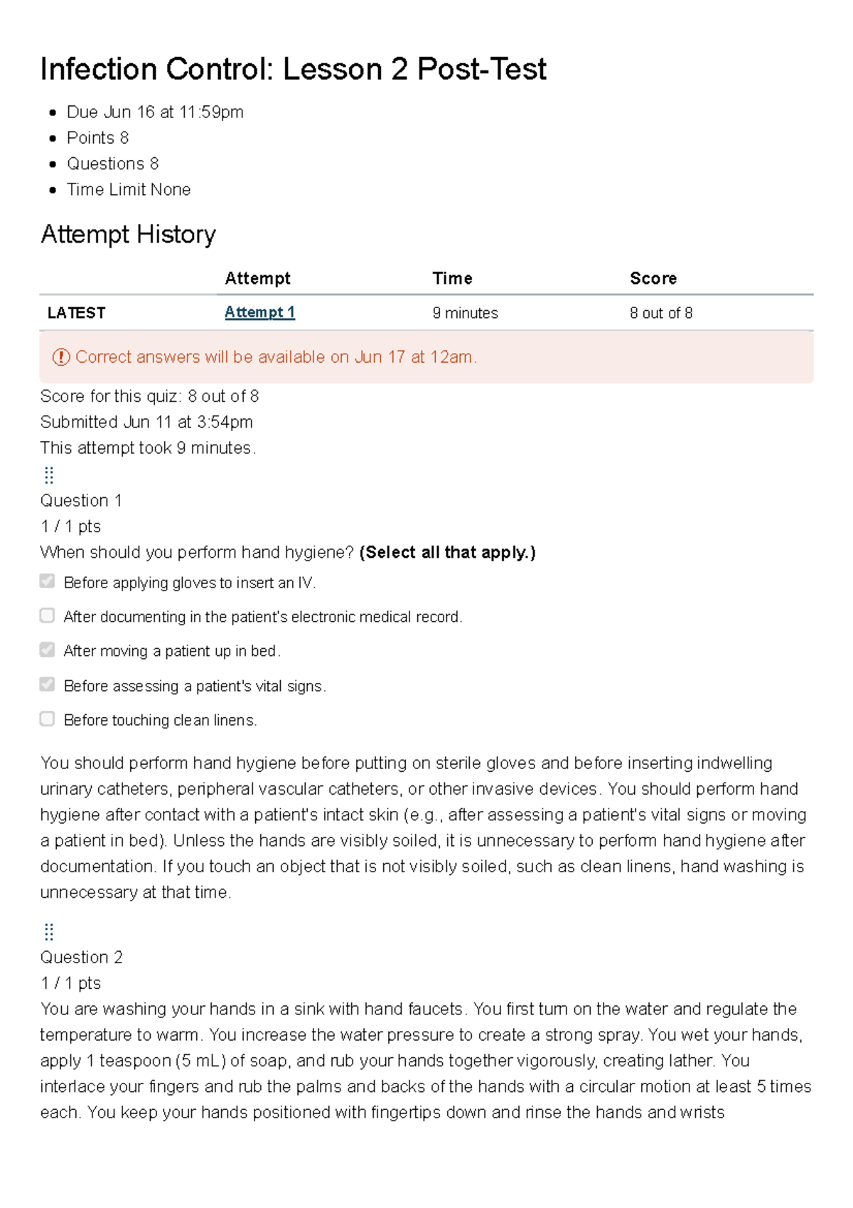 Infection Control Lesson 2 Post-Test BSN206-17 Foundation of Nursing ...