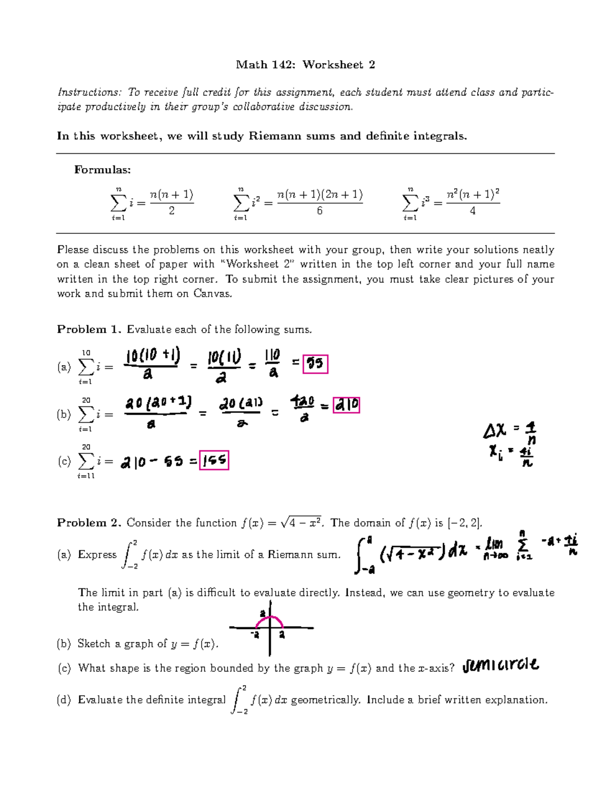 WS2 - Worksheet 2 - Math 142: Worksheet 2 Instructions: To receive full ...
