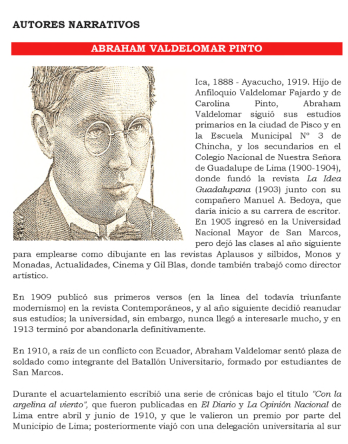 Abraham Valdelomar Pinto - Literatura Peruana - Studocu