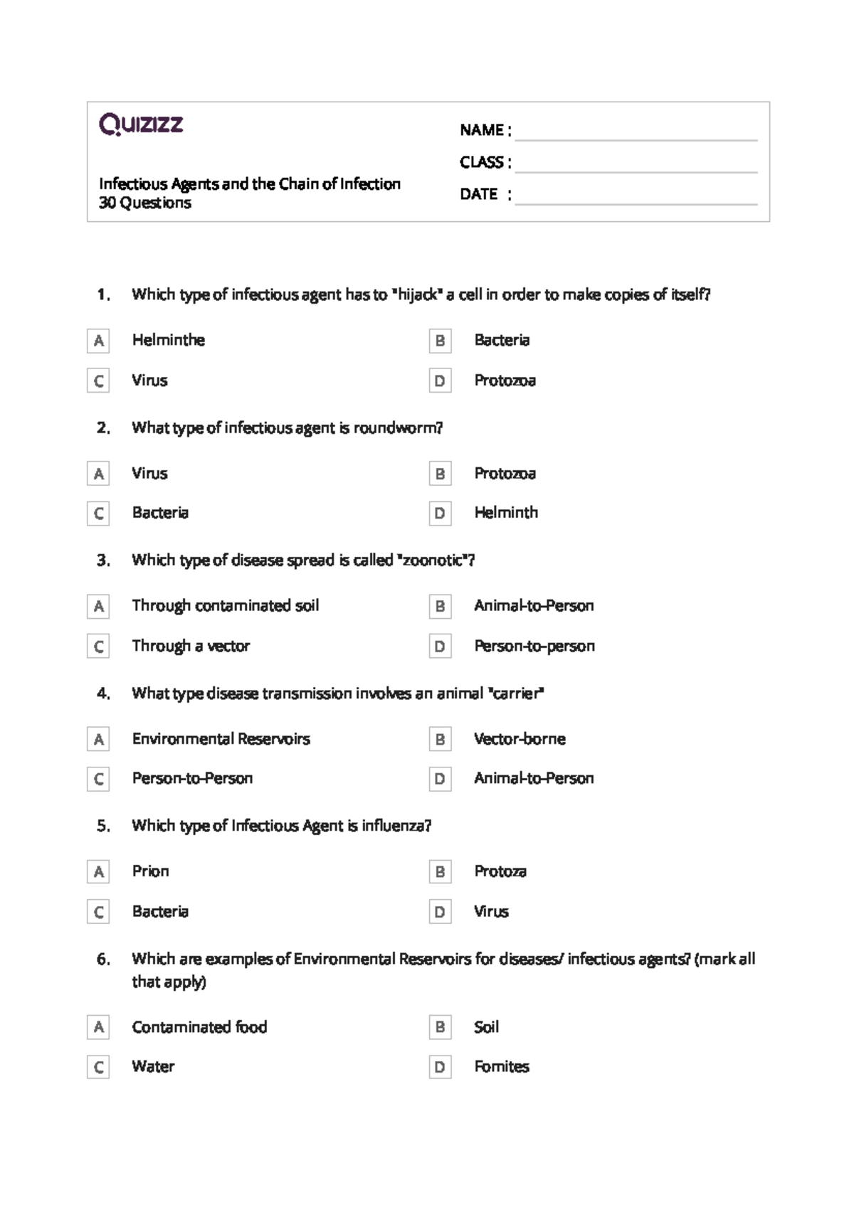 Quizz of Infectious Agents and Chain of Infection - Infectious 30 ...