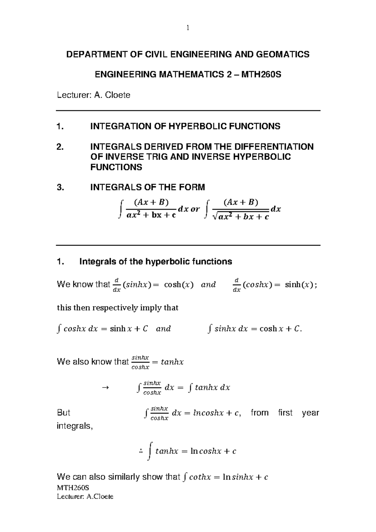 Int derived from diff of inv trig and inv hyp(1) - Copy - MTH26 0 S DEPARTMENT OF CIVIL ...