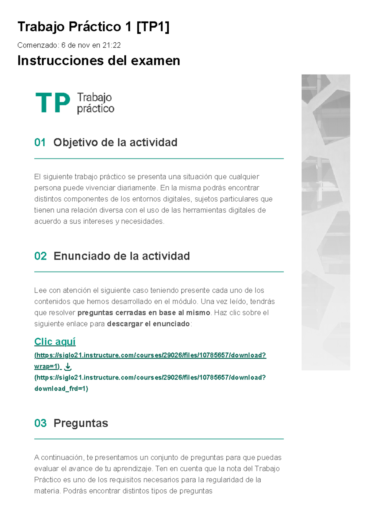 Examen Trabajo Práctico 1 [TP1] 80% - Trabajo Práctico 1 [TP1] Comenzado: 6 de nov en 21: - Studocu
