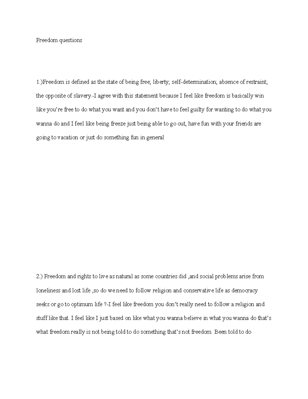 Ssww - worksheet - Freedom questions 1.)Freedom is defined as the state ...