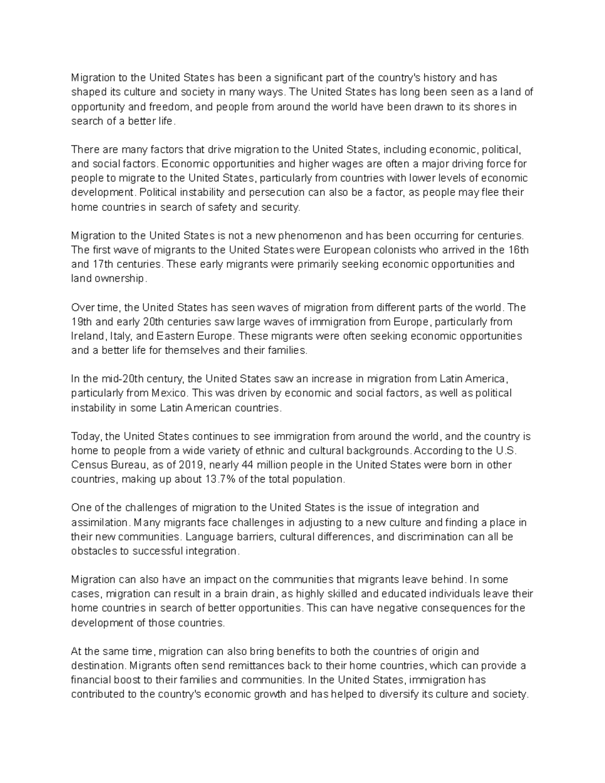 GEO221 Final Migration - Migration to the United States has been a ...