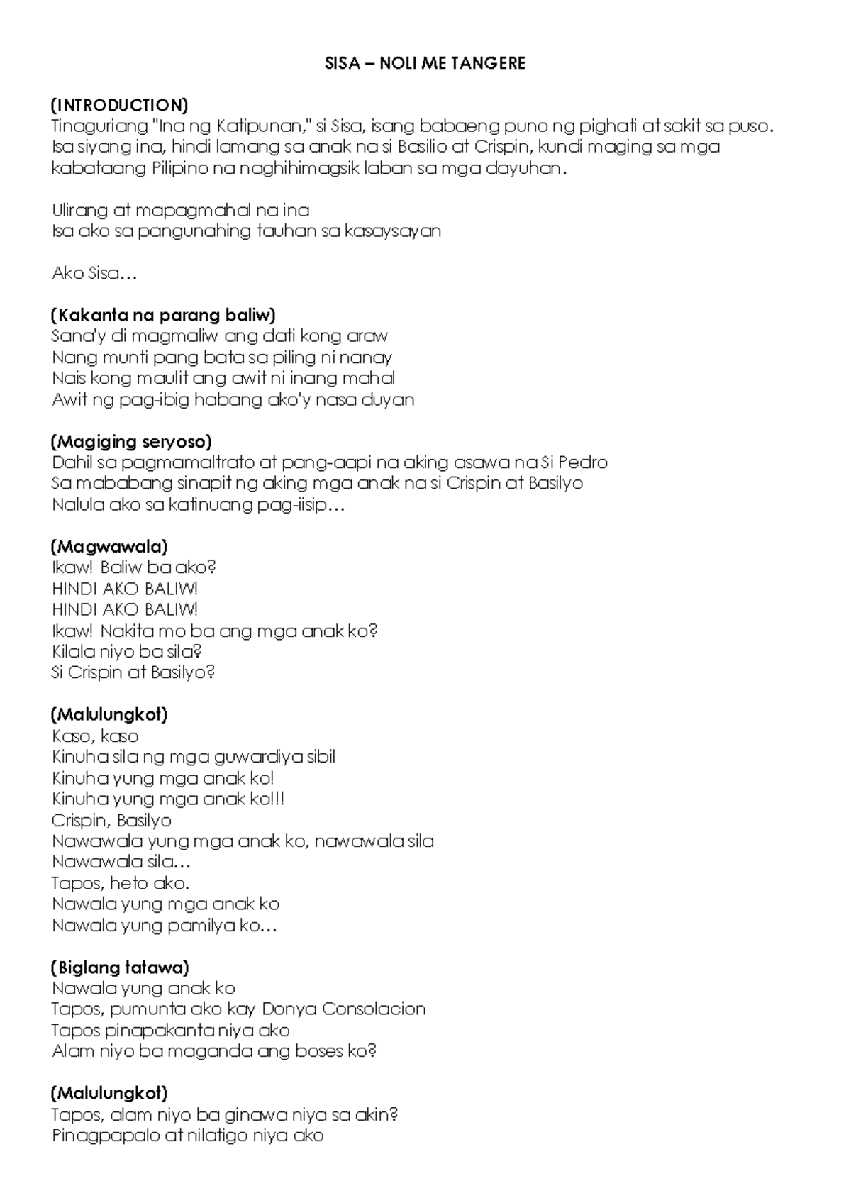Sisaa - Script - SISA – NOLI ME TANGERE (INTRODUCTION) Tinaguriang "Ina ...