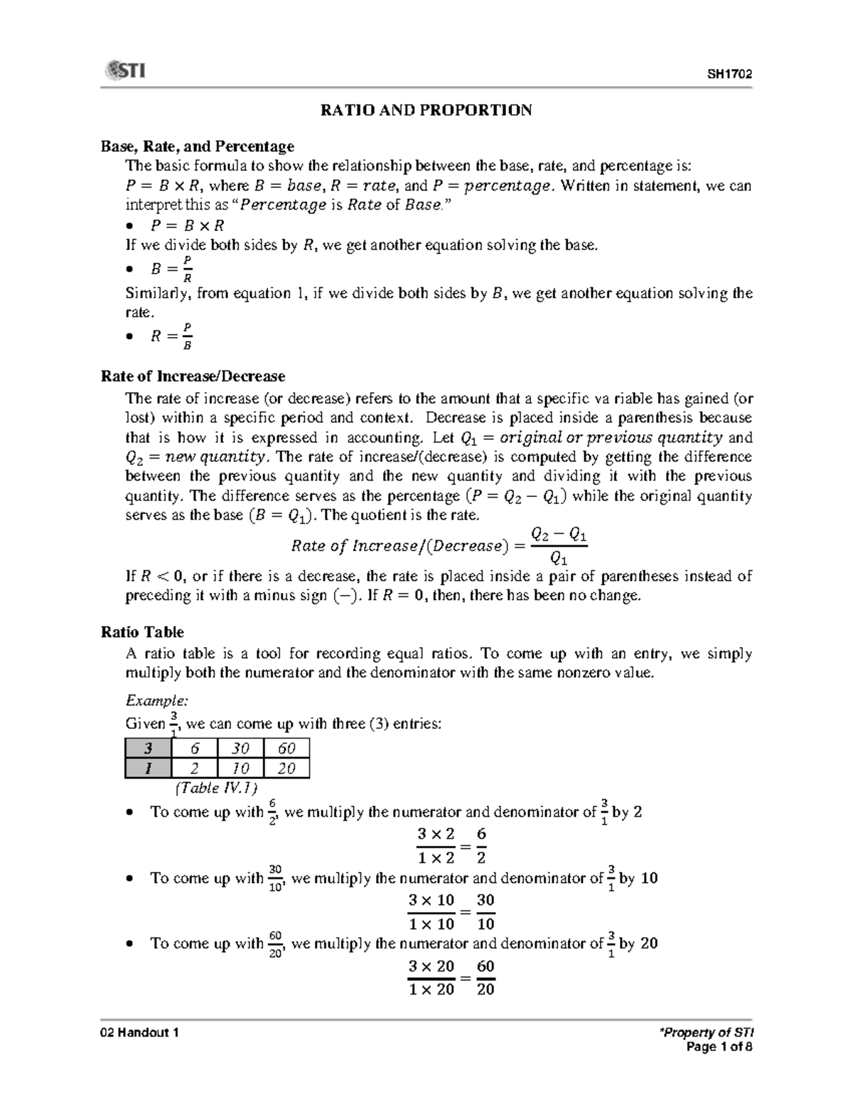 02 Handout 1 - 02 Handout 1 *Property of STI RATIO AND PROPORTION Base ...
