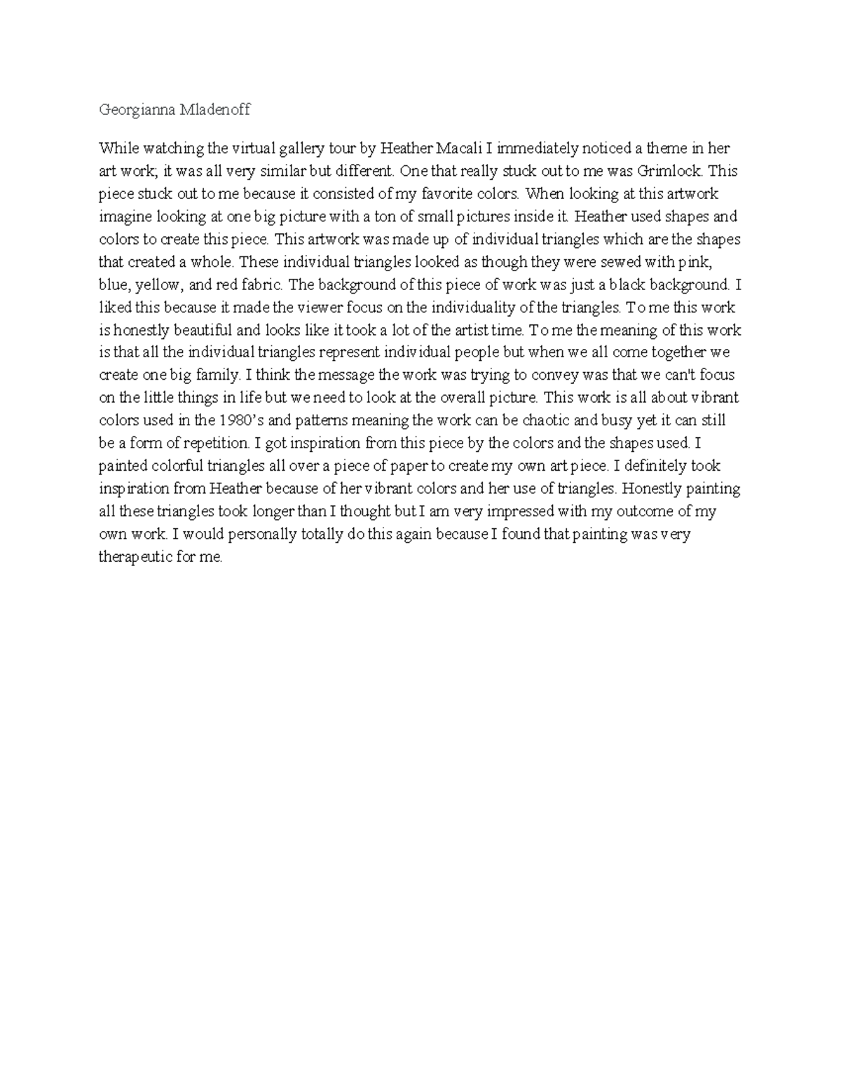 Gallery Writing VPA - Georgianna Mladenoff While watching the virtual ...