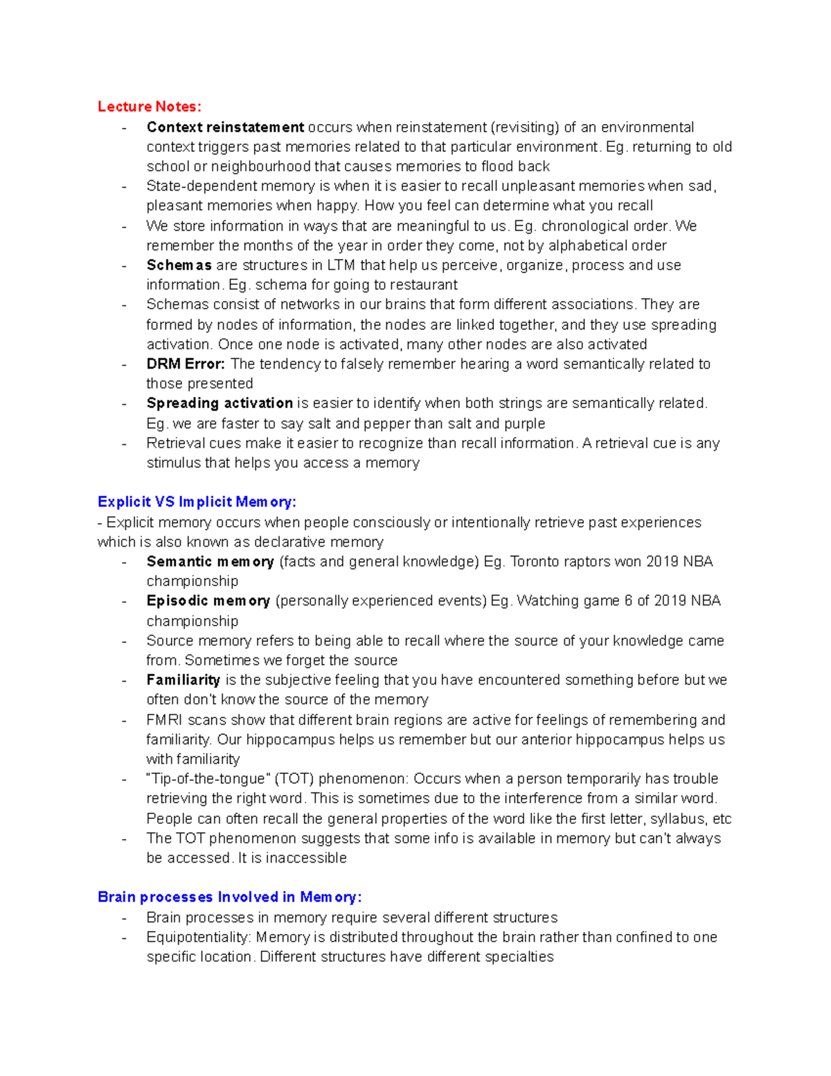 Cognitive Psych Week 7 - Lecture Notes: - Context reinstatement occurs ...
