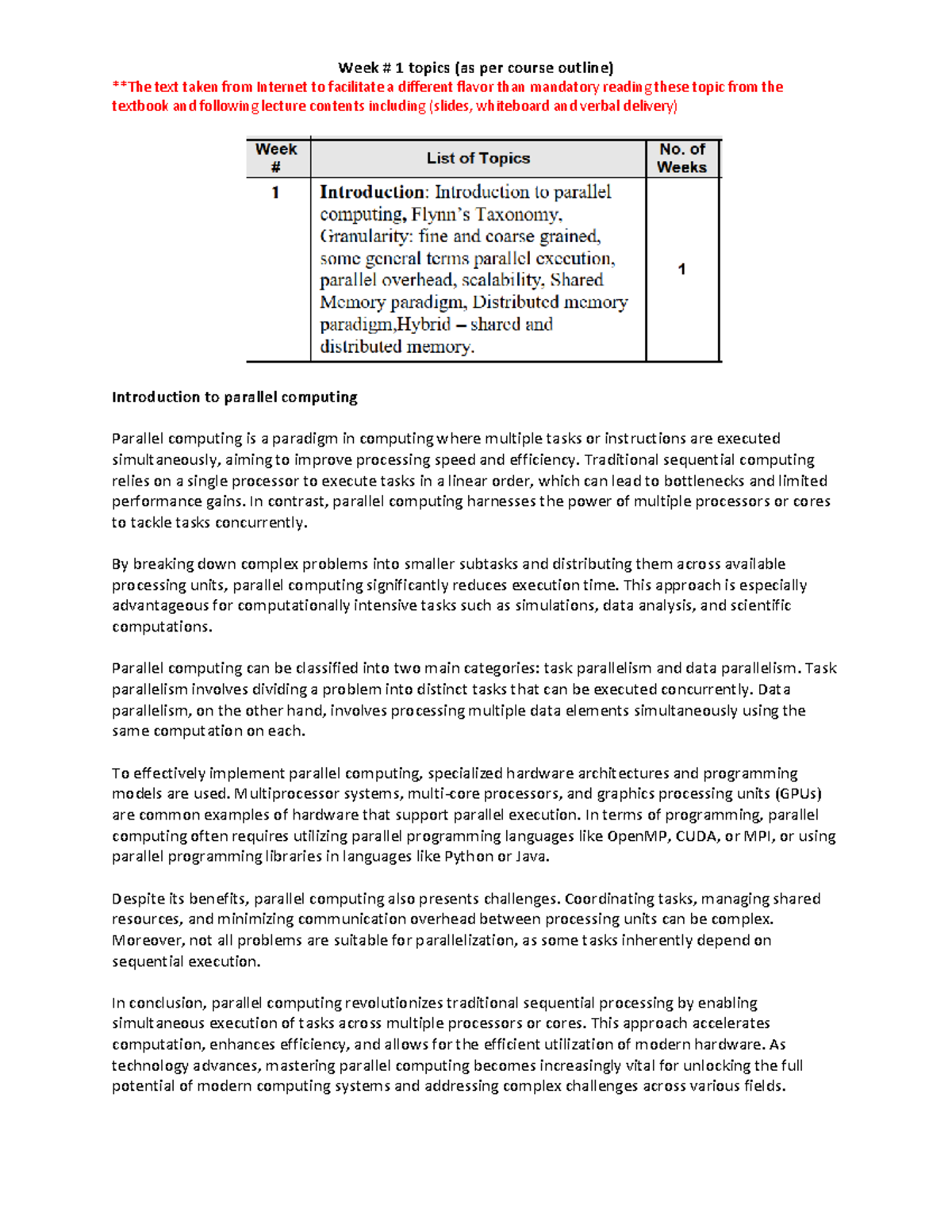 Week # 1 Handout - lecture notes - **The text taken from Internet to ...