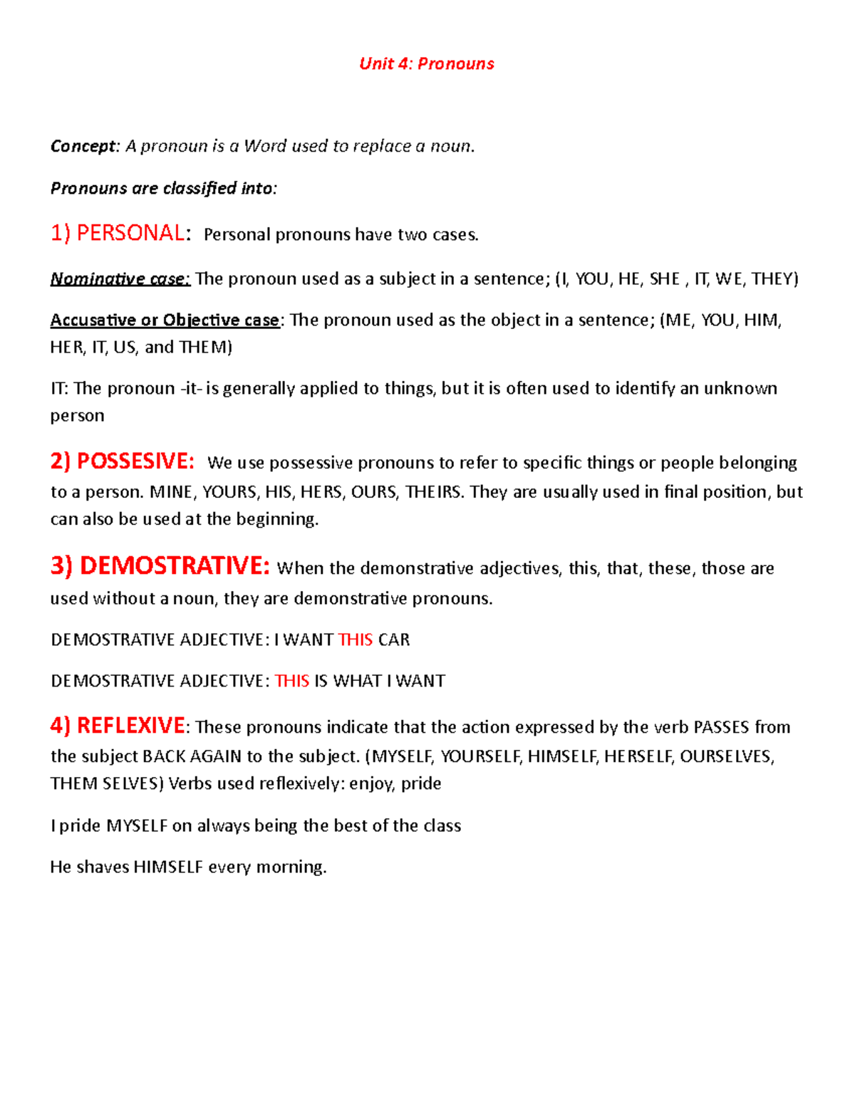 Unit 4-Pronouns - Unit 4: Pronouns Concept: A pronoun is a Word used to ...