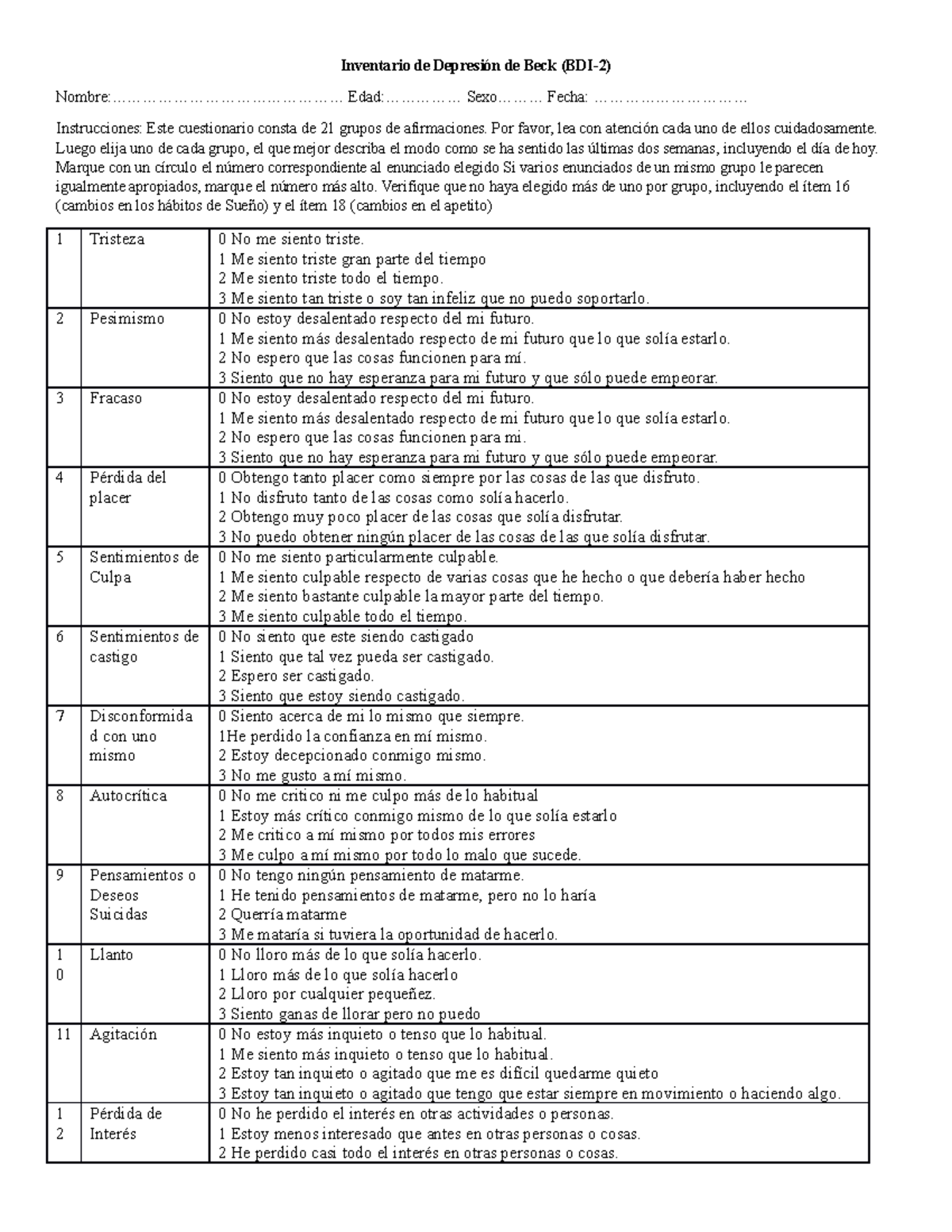 Inventario de Depresión de Beck - Inventario de Depresión de Beck (BDI ...