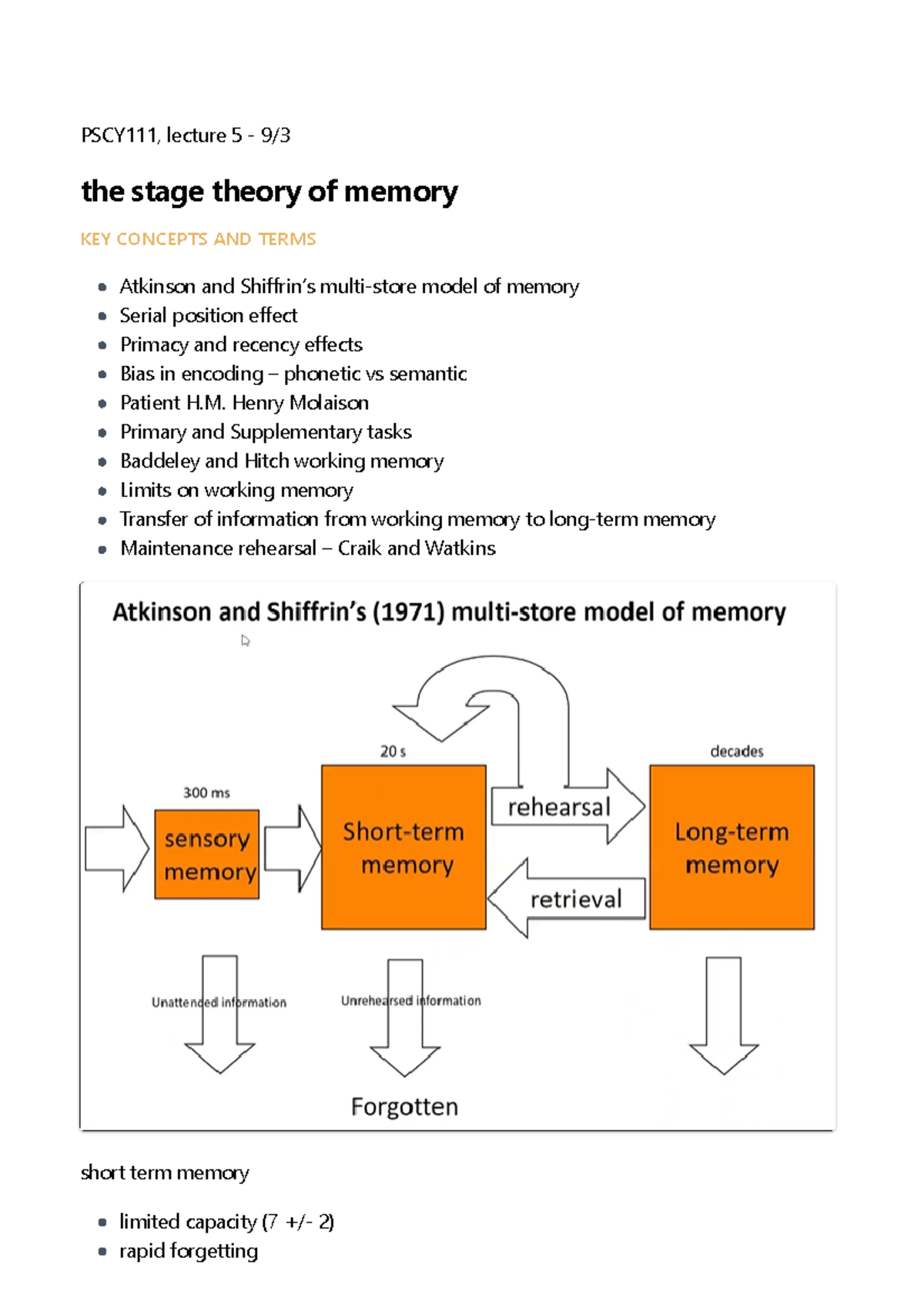 The stage theory of memory, PSCY111, lecture 5, 9th march - PSCY111 ...