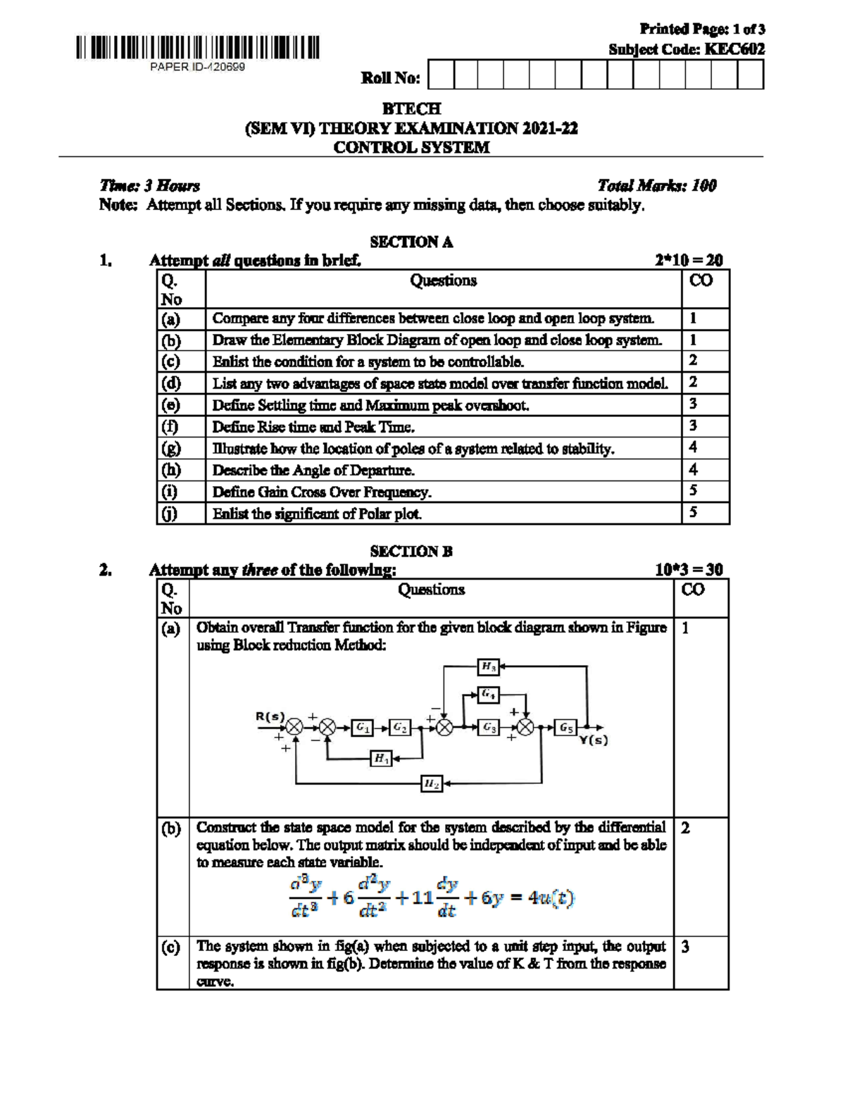 Control System Paper 2021-22 - Printed Page: 1 of 3 Subject Code ...