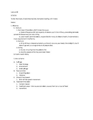 Lecture #5 - Notes from 5th Class - History 2210, Lecture # 9/6/ To-Do ...